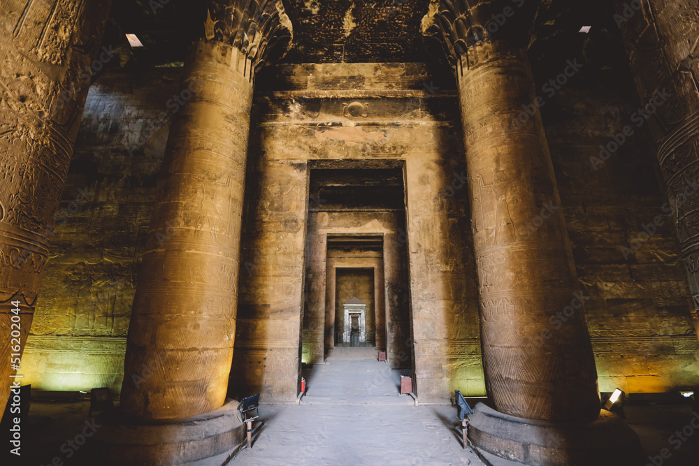Interior View of the Temple of Edfu with Carved Pillars and Ancient ...