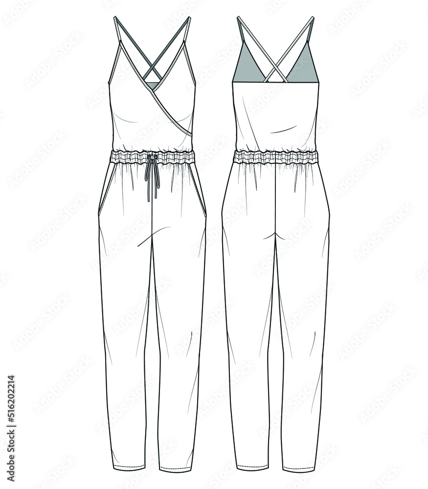 Overlapped Crossover Strappy Waist Gathered Jumpsuit Front and Back ...