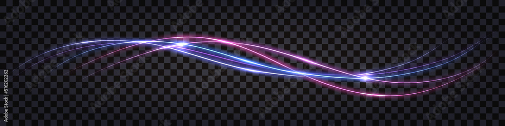 Neon glowing swirl wave, electric light effect. Purple and blue curve ...