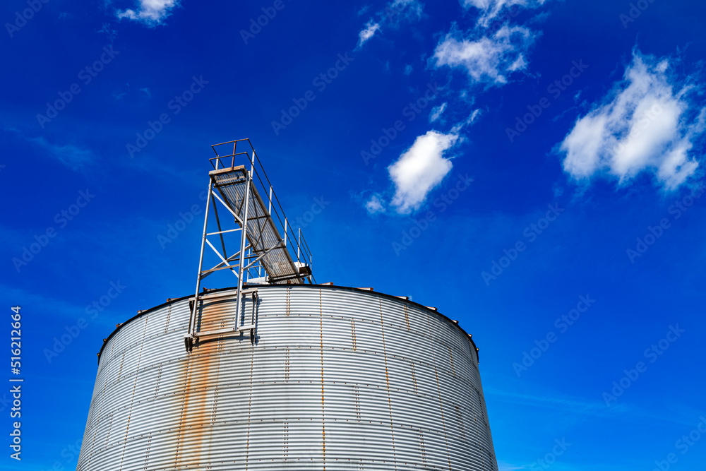 Vertical view of a steel constructed grain silo showing the metal ...