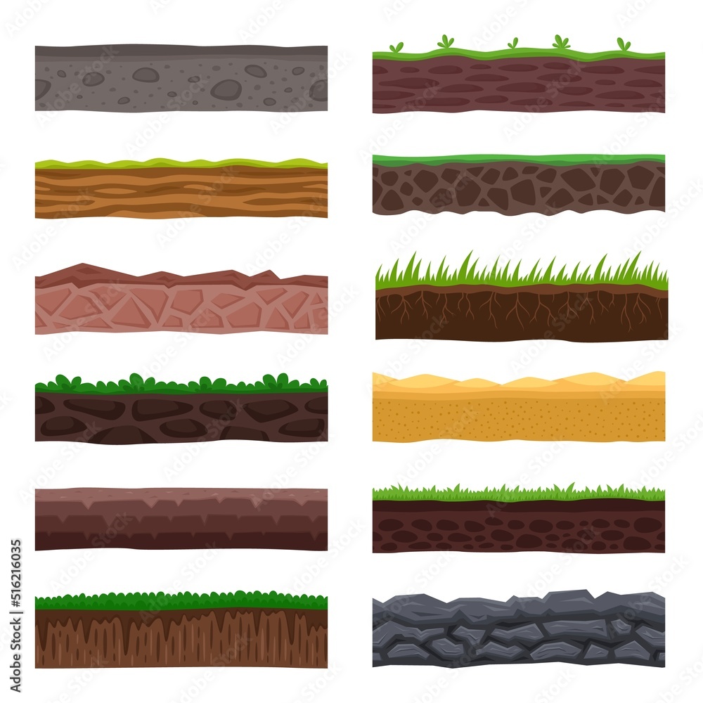 Cartoon seamless grounds. Earth, ground floor, field and garden ...