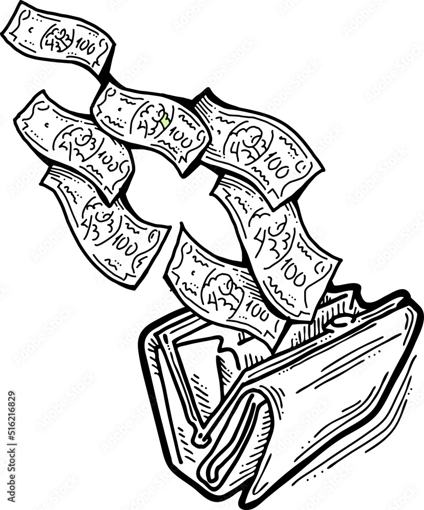 Money cash flying into and out of wallet. Income transfer, currency ...