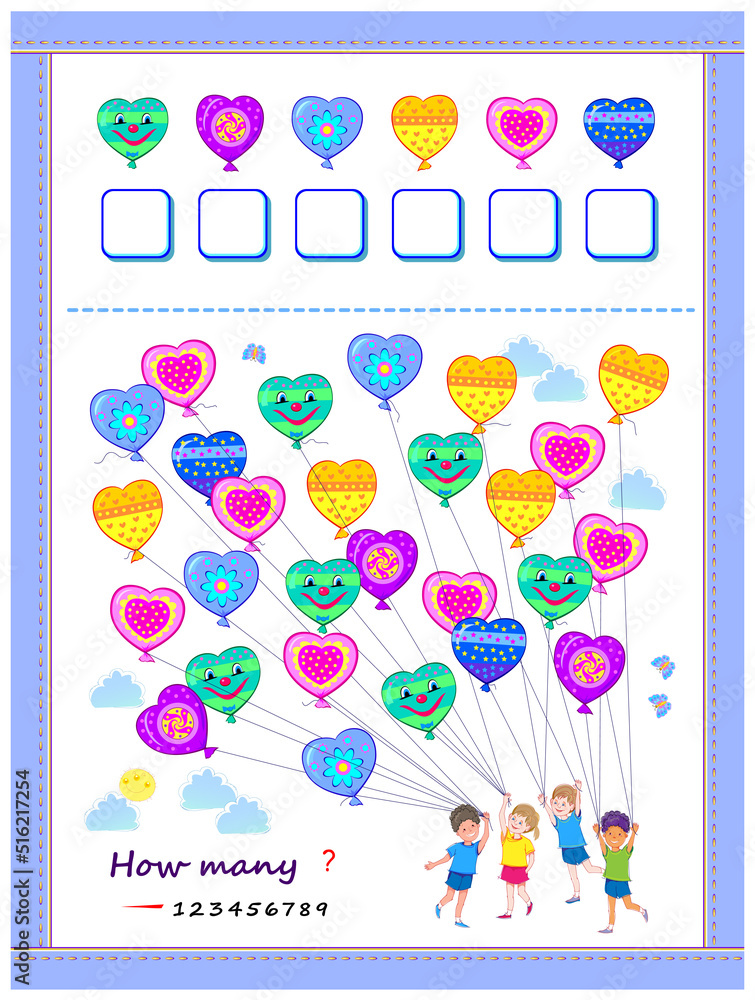 Math education for kids. How many balloons have the children? Count the quantity and write ...