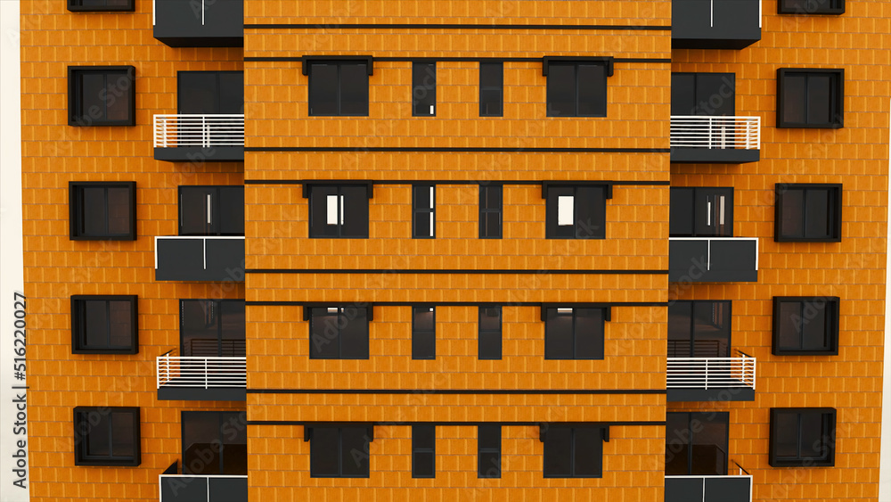 Abstract facade of the residential high-rise building isolated on white ...