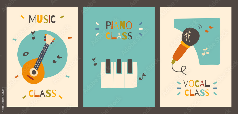 Set of kids flyers of music classes. Musical posters for children ...