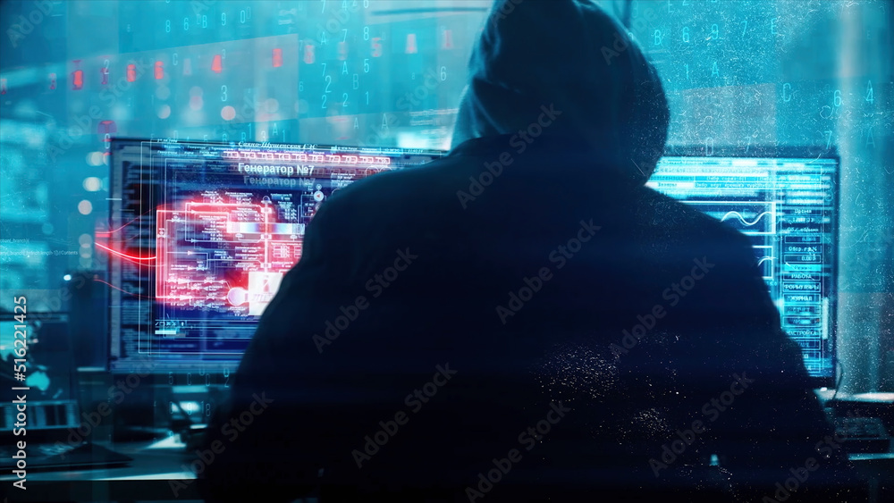 Hacker programing in technology enviroment with cyber icons and symbols. Abstract animation with ...