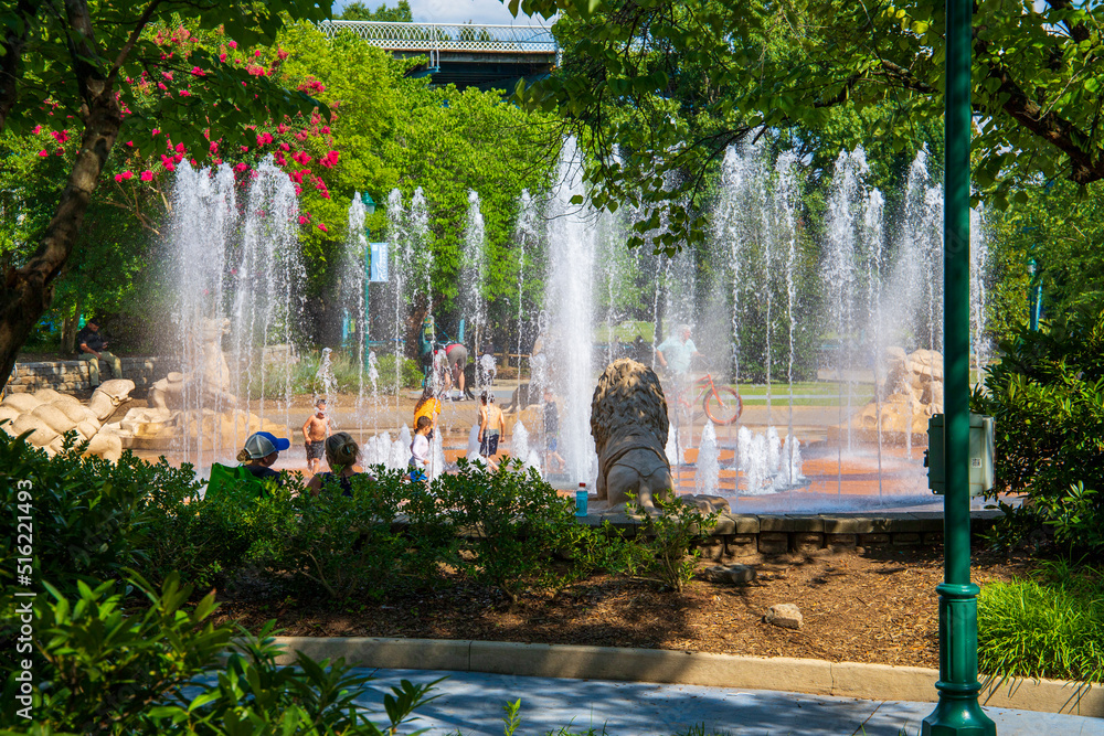 children playing in a water fountain surrounded by a gorgeous summer ...