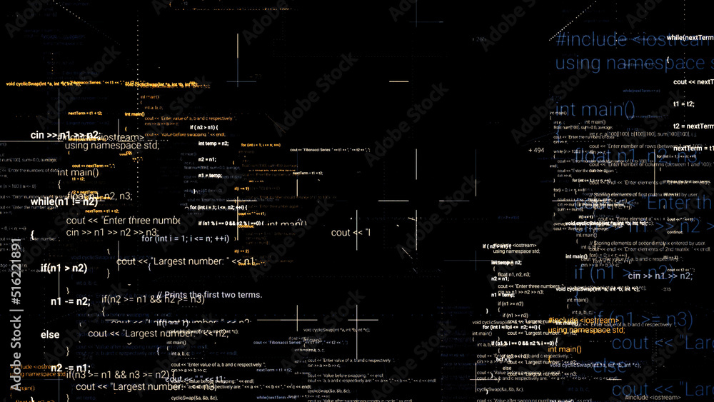 Abstract flight through moving computer code on black background with ...
