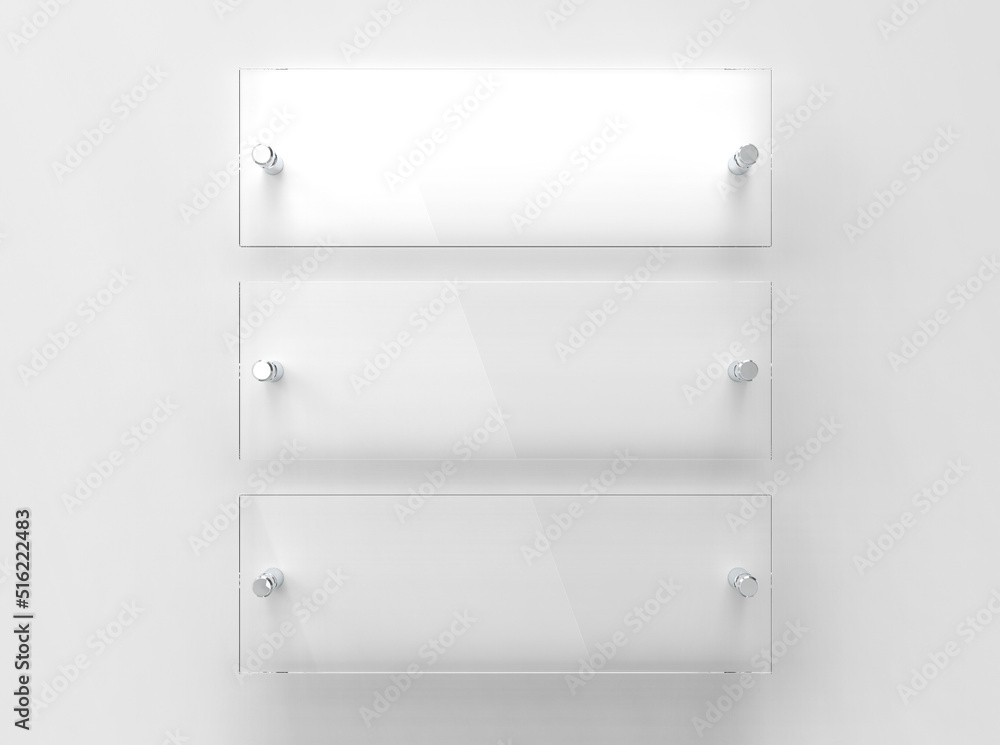 Three blank transparent glass interior corporate signage plates Mock up ...