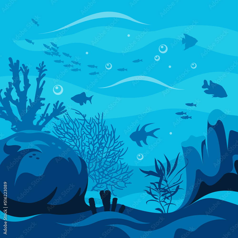 Vector ocean world. Deep seascape with seaweeds, fish and corals ...