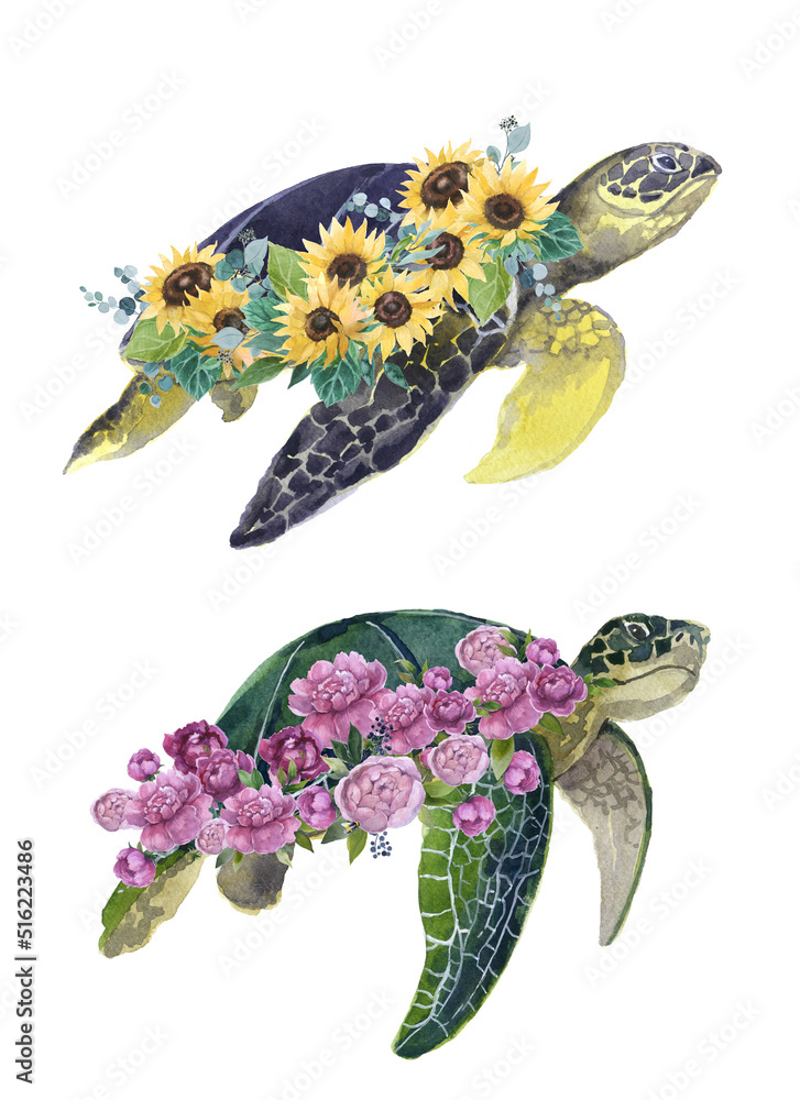 Watercolor cute turtle on the white background with flowers. Card ...