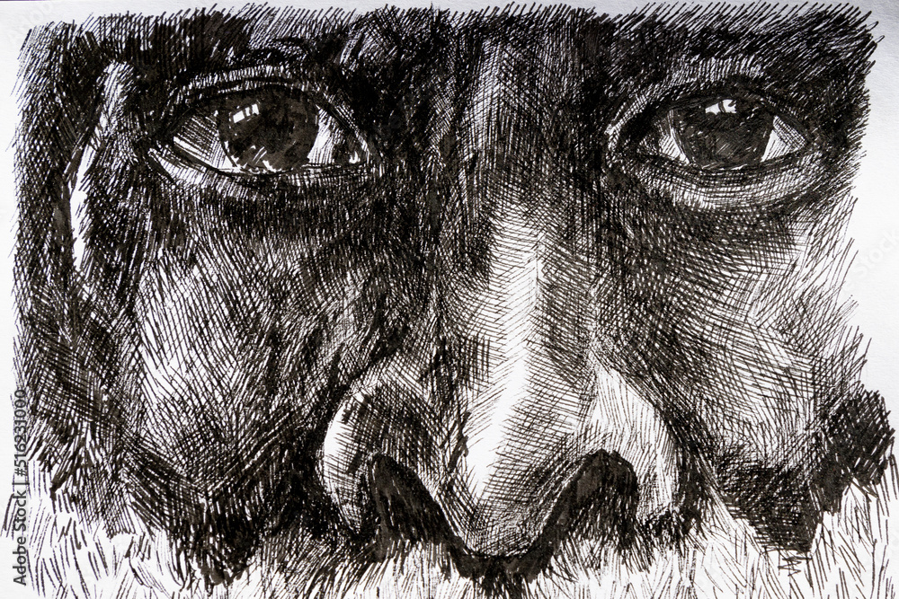 Old face - illustration. Detailed close-up drawing of an old man's face ...