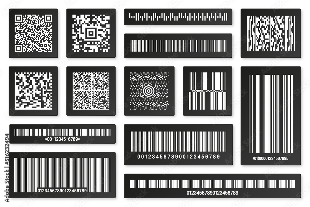 Vetor de Set of black product barcodes and QR codes. Identification ...