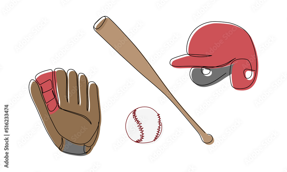 Baseball colored set with glove, ball, helmet, bat one line art ...