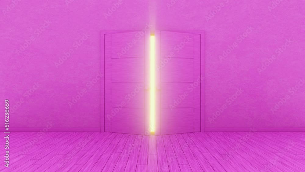 Camera moves through the doors opening to the shining morning sun in a ...