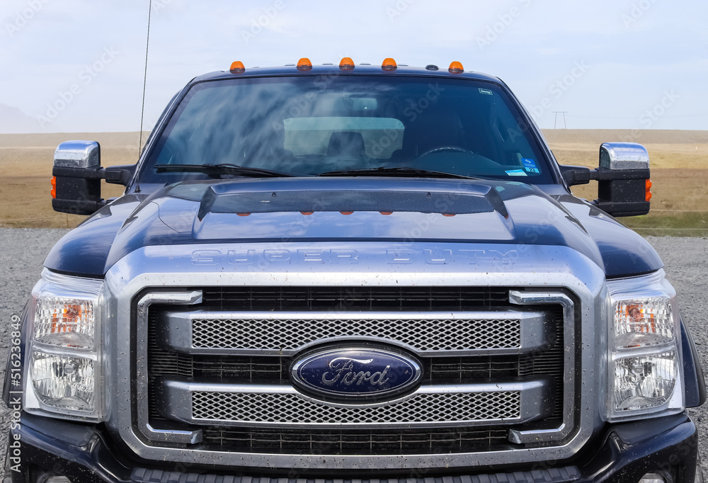 Jokulsarlon, Iceland - 23. June 2022: Front view of a huge black Ford ...