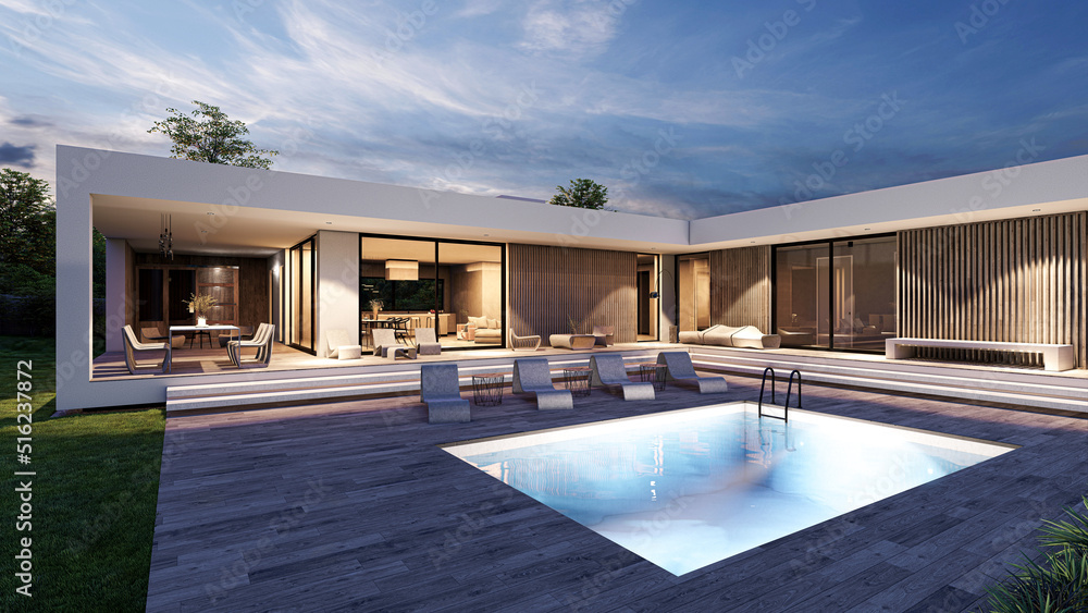 Design house - modern villa evening and at night with open plan living ...