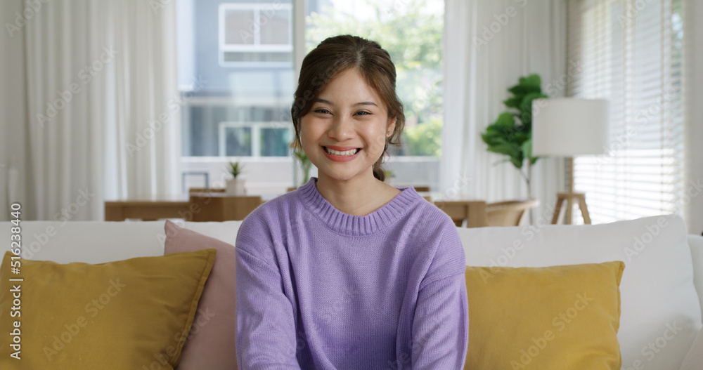 Young asia teen girl college influencer vlogger look at camera happy ...