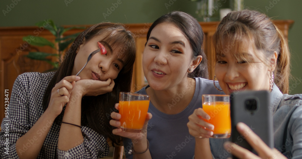 Small girl group party asia people busy talk smile eat brunch food ...