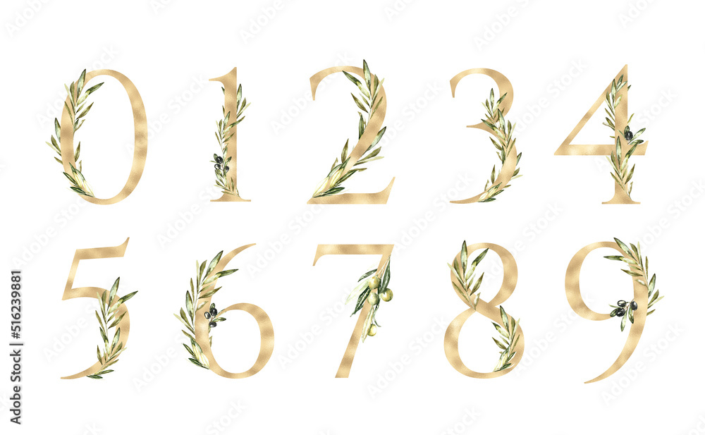 Watercolor Gold Olive Floral Number floral set. 0,1,2,3,4,5,6,7,8,9 ...
