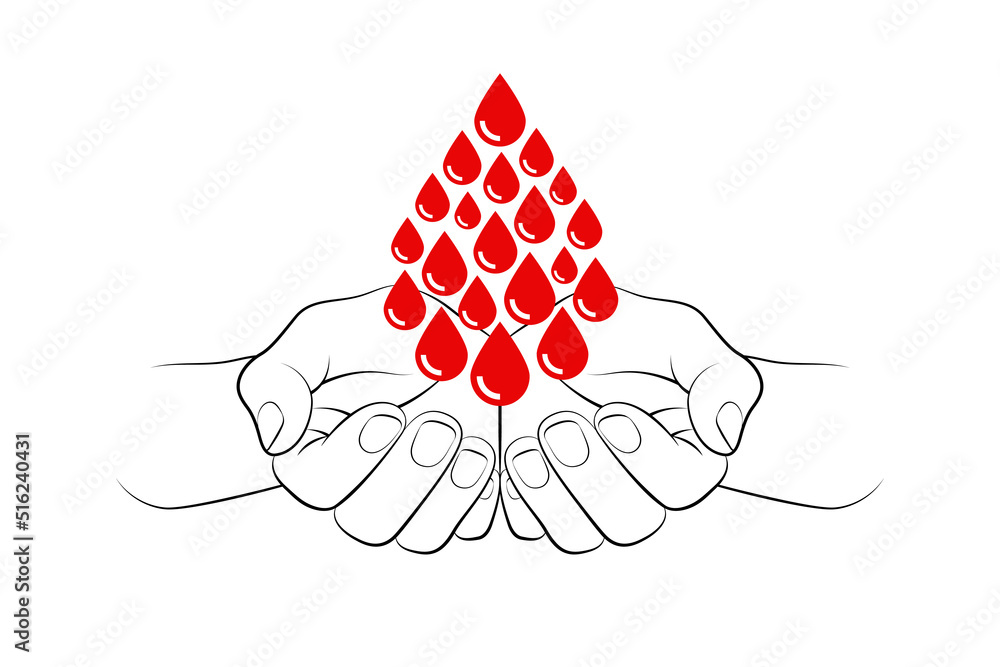 Many red blood droplets shaped like one big drop over cupped palms ...