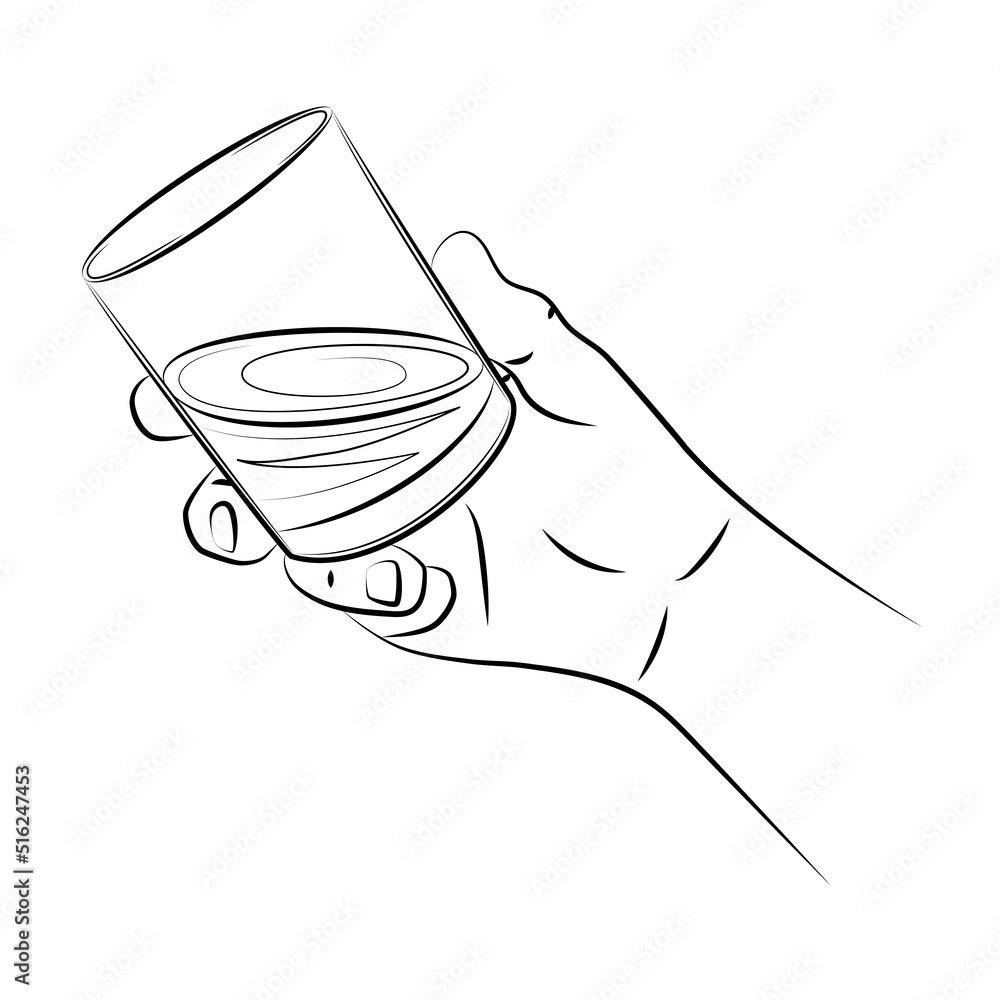 Male hand in realistic gesture holding glass of whiskey, close-up ...