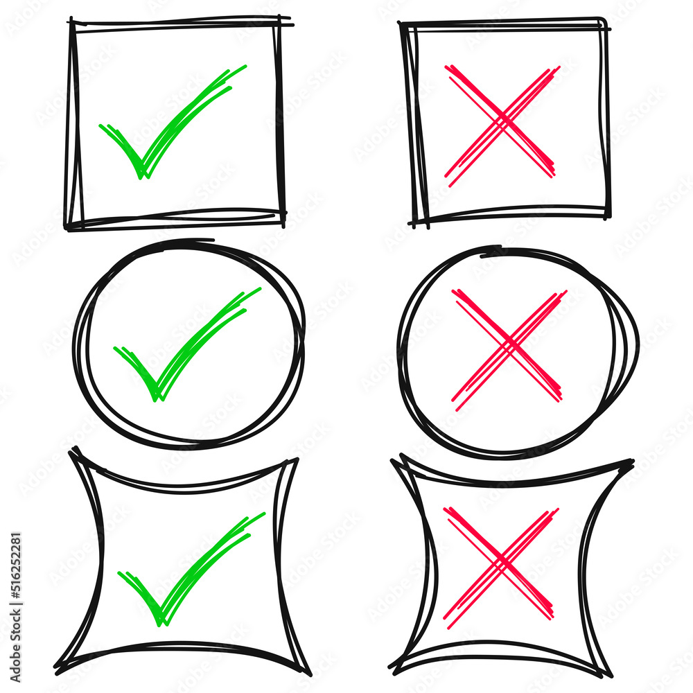 Check and cross mark set. hand drawn doodle sketch style. vote, yes, no ...