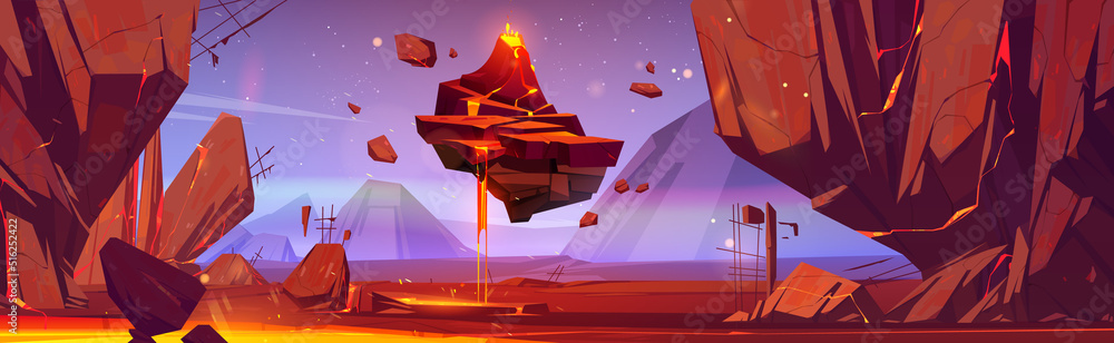 Space, alien planet landscape with flying rocks and lava in cracks ...