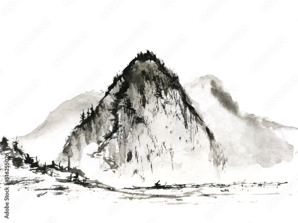Watercolor painting ink landscape mountain fog . Traditional chinese ...