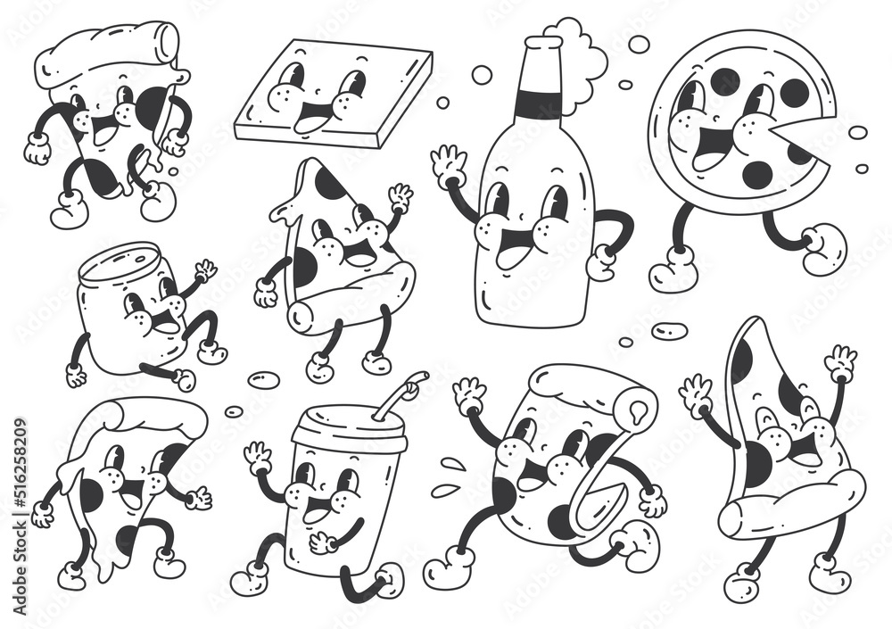 Set of pizza in retro cartoon style illustration, vintage character ...