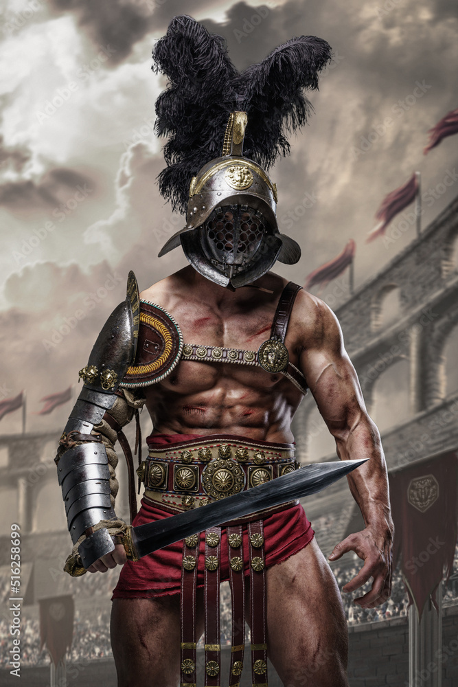 Shot of ancient roman gladiator dressed in light armor and plumed ...