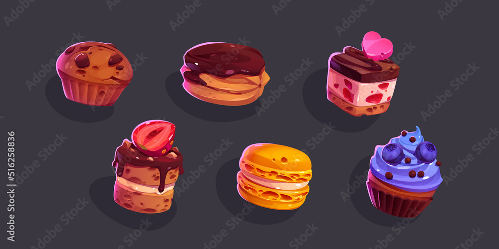 Game icons cakes, sweets and desserts. Cartoon 2d ui graphic elements ...