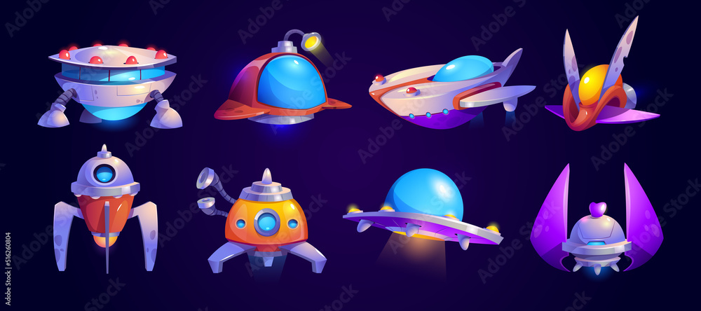Alien spaceship game icons vector set. Funny rockets, ufo shuttles ...