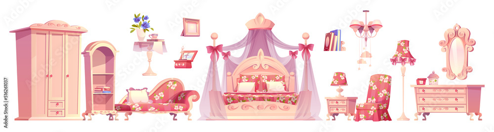 Pink bedroom, princess room furniture. Luxury interior elements ...