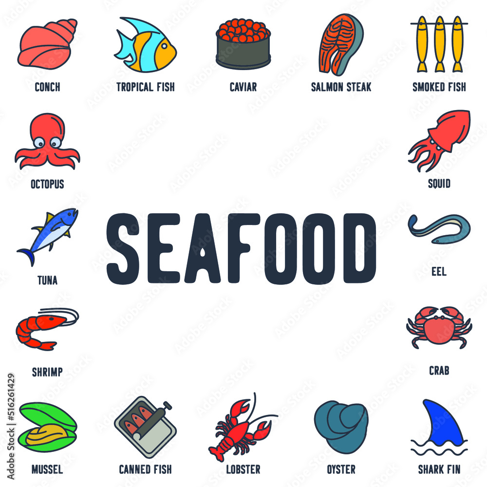 Fish and seafood set icon symbol template for graphic and web design ...