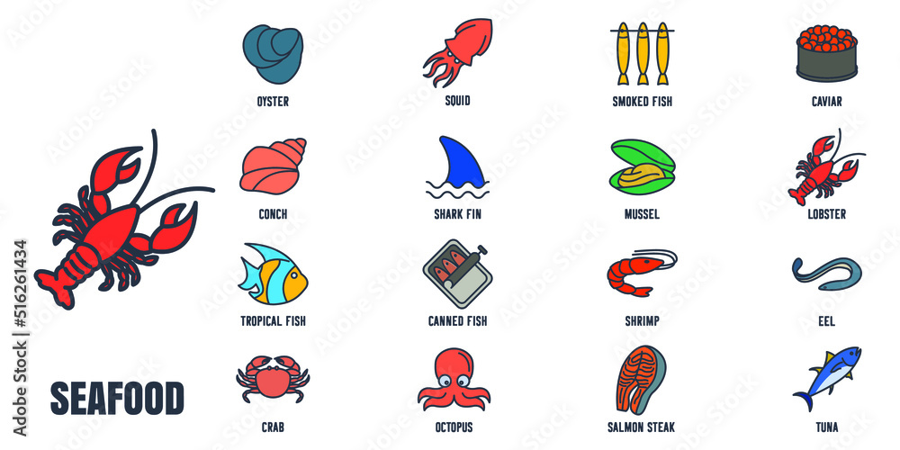 Fish and seafood set icon symbol template for graphic and web design ...