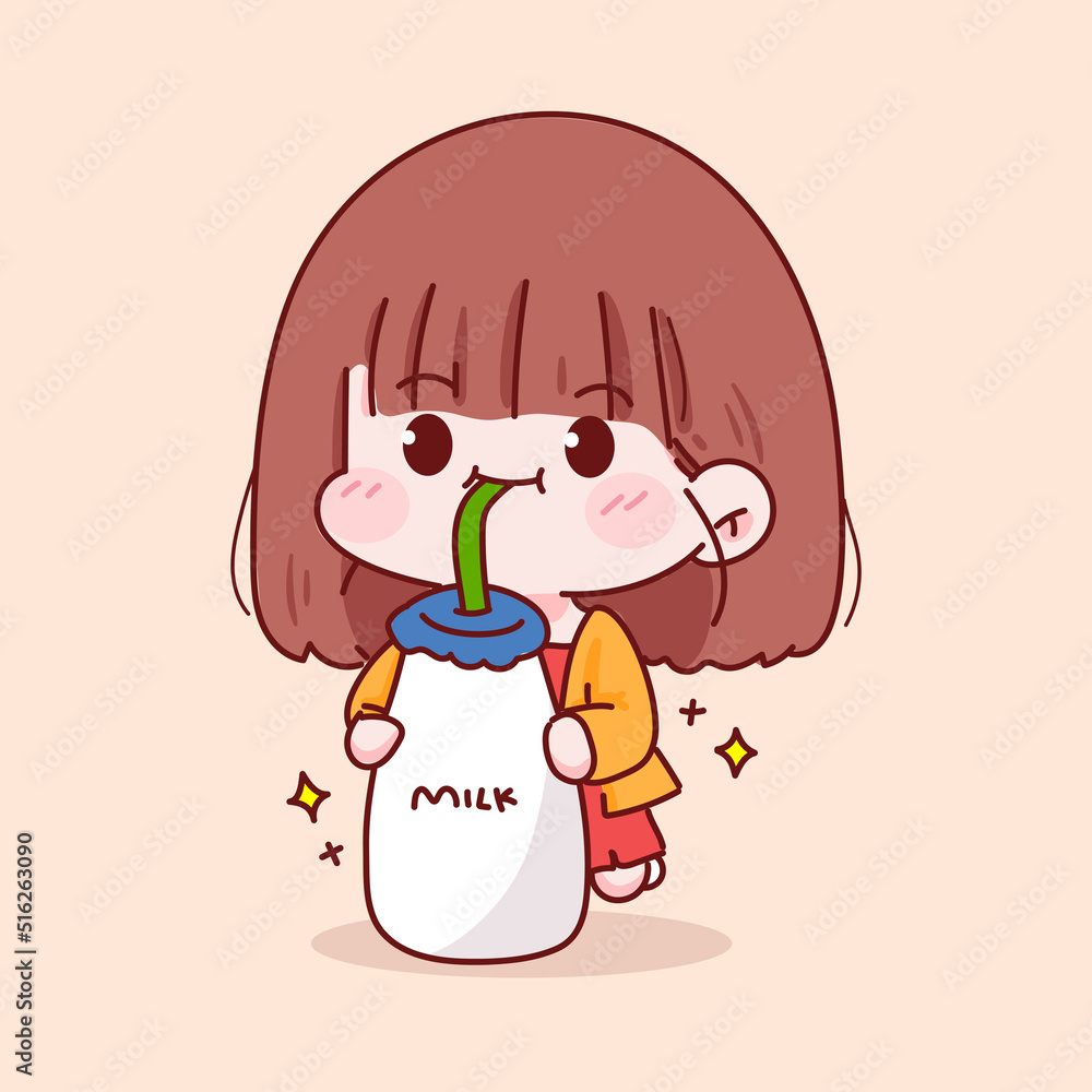 Cute kid girl drinking milk hand drawn cartoon character illustration ...