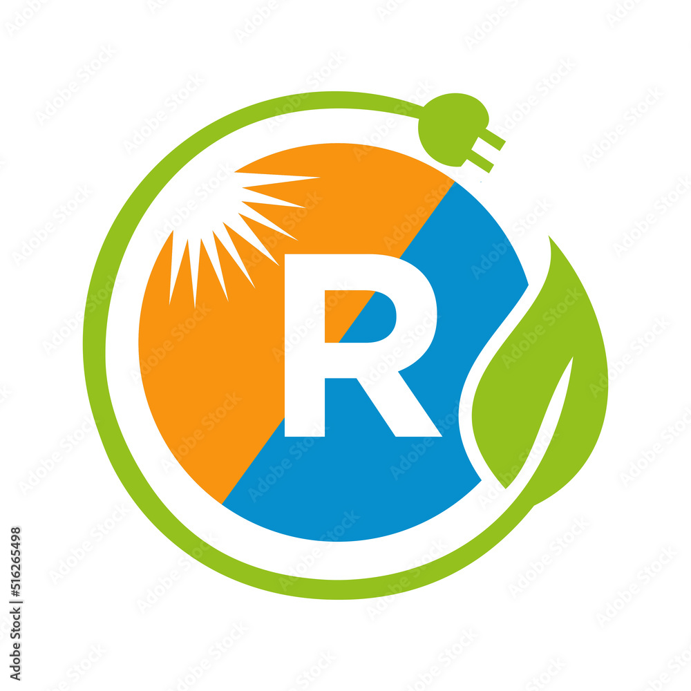 Letter R Solar Energy Logo Design Concept with Sun, Leaf and Electric ...