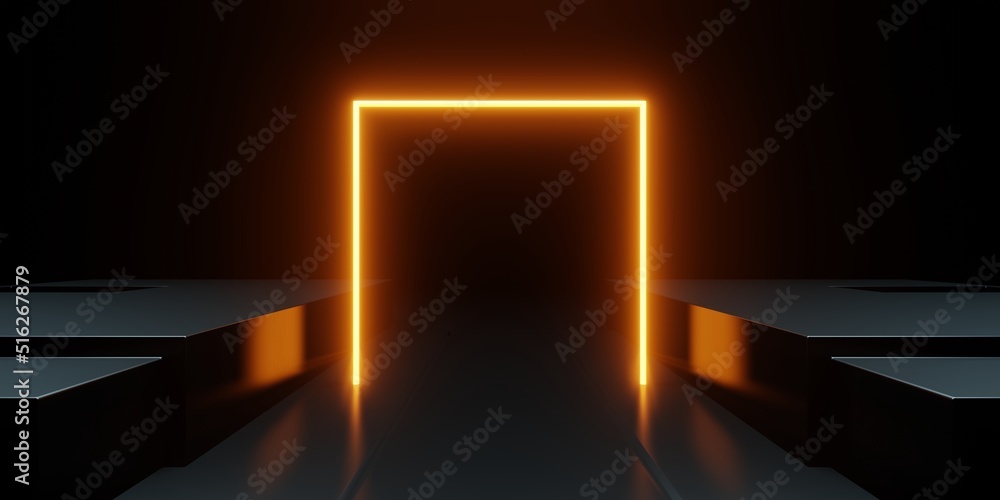 3d rendering of orange neon glowing spaceship corridor black background ...