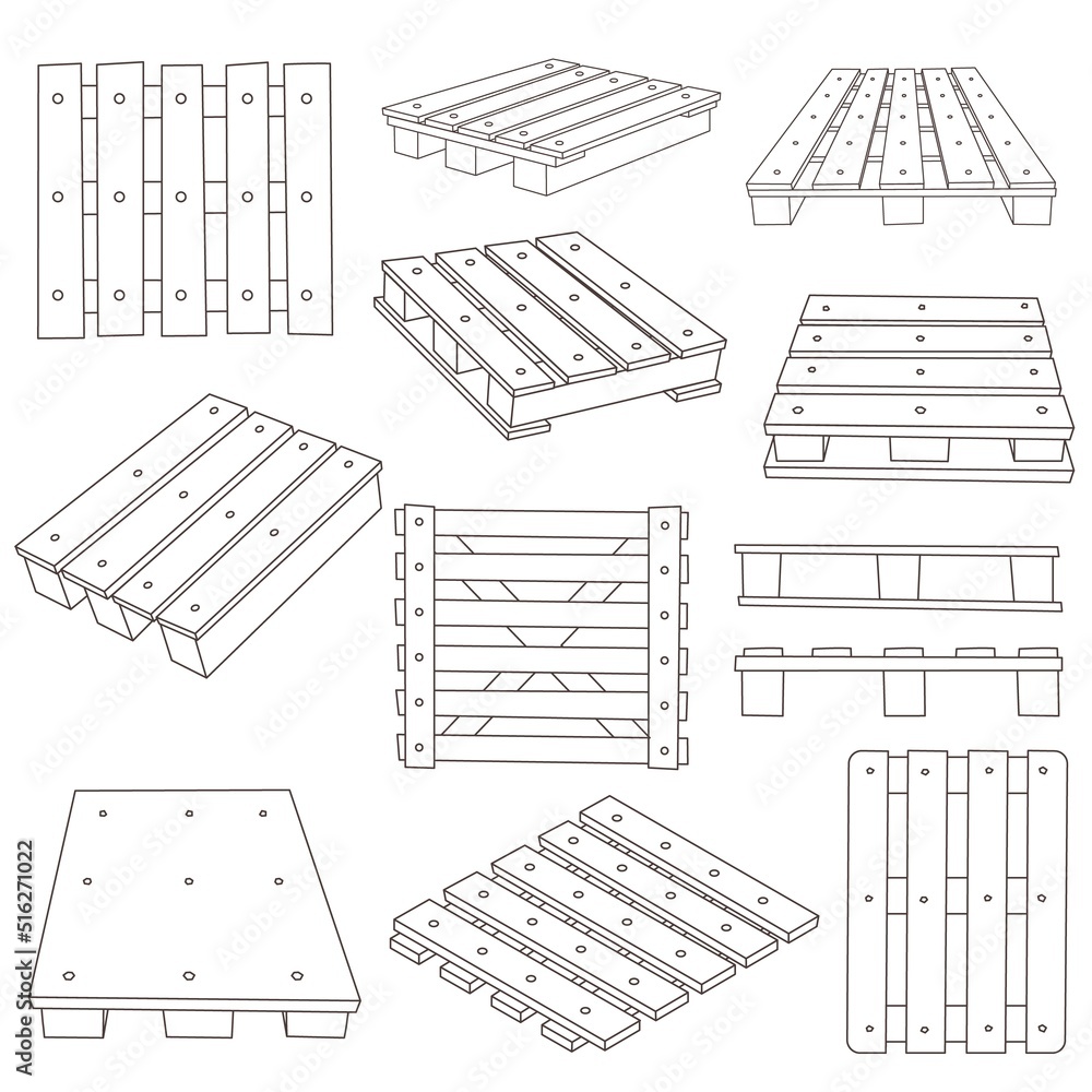 Set of wood pallets in line vector illustration isolated on white ...