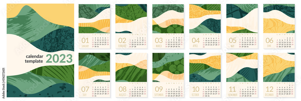2023 calendar template with abstract green nature field landscape ...