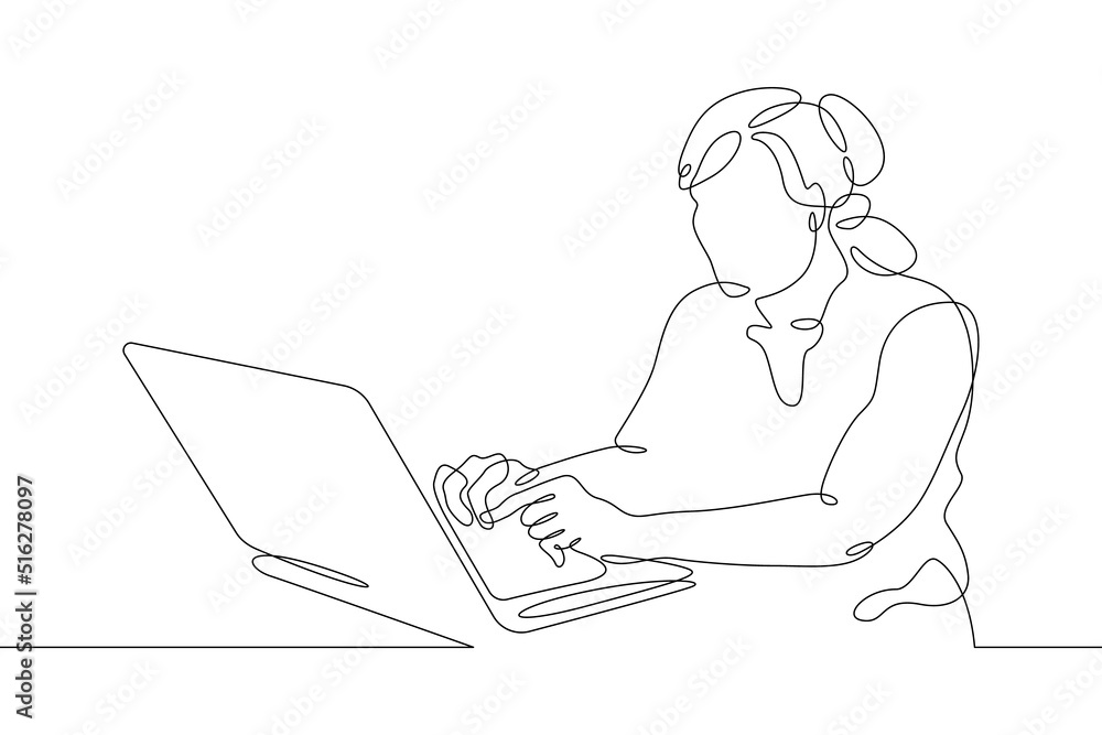One continuous line. The woman works at the computer. A female ...