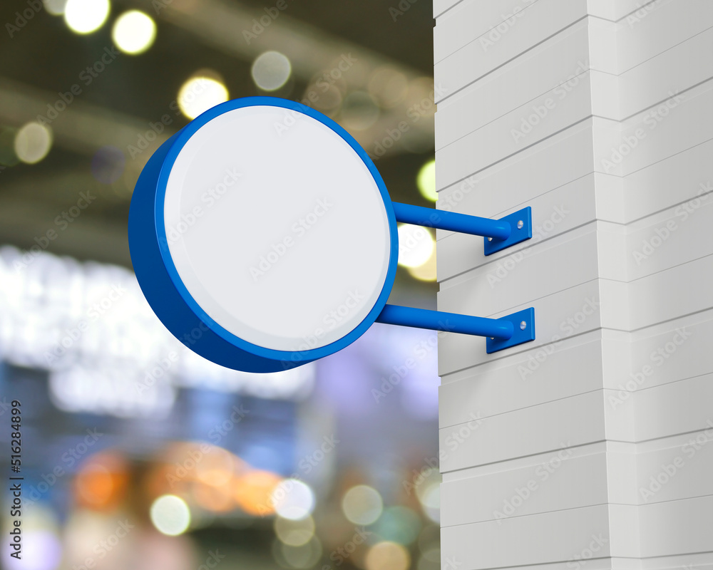 Hanging blue rounded signboard mockup over blur light and shadow of ...