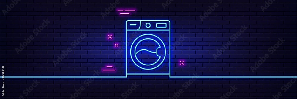 Neon light glow effect. Washing machine line icon. Cleaning service ...