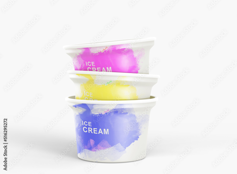 Stack of colored ice cream cups. Realistic set of blank plastic or paper buckets for sundae in ...