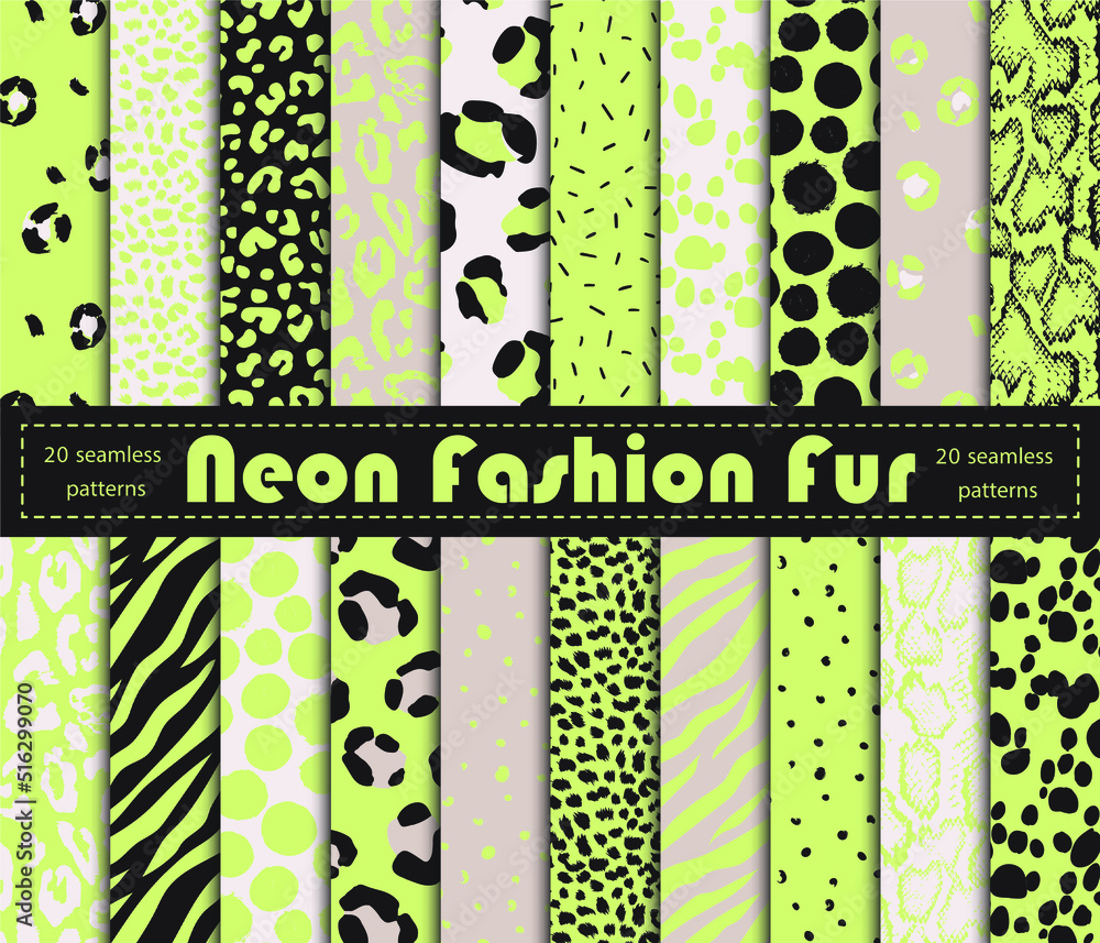 Set of neon, black and cream white animal fur texture seamless patterns ...