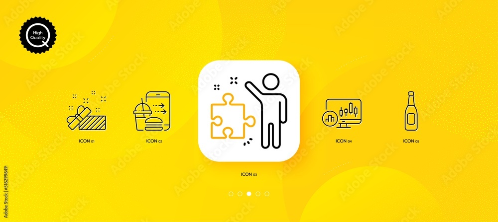 Present, Candlestick chart and Food order minimal line icons. Yellow abstract background. Beer ...