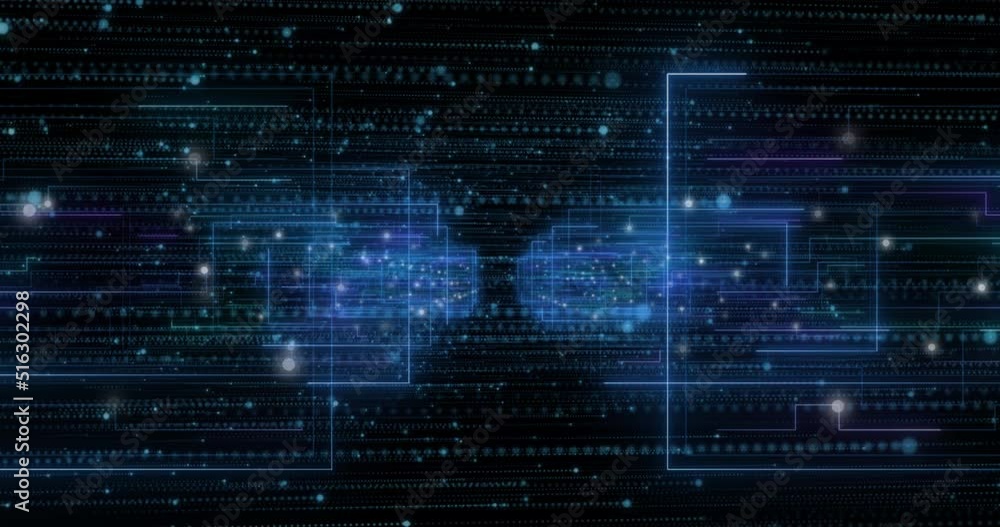 Animation of data processing and network of connections over black ...
