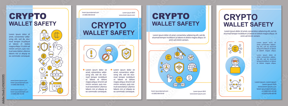 Safety of crypto wallet blue brochure template. Coins storage. Leaflet ...