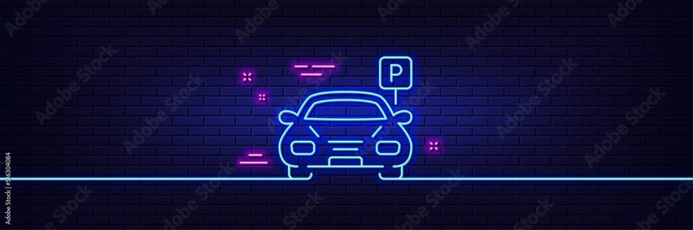 Neon light glow effect. Car parking line icon. Auto park sign ...